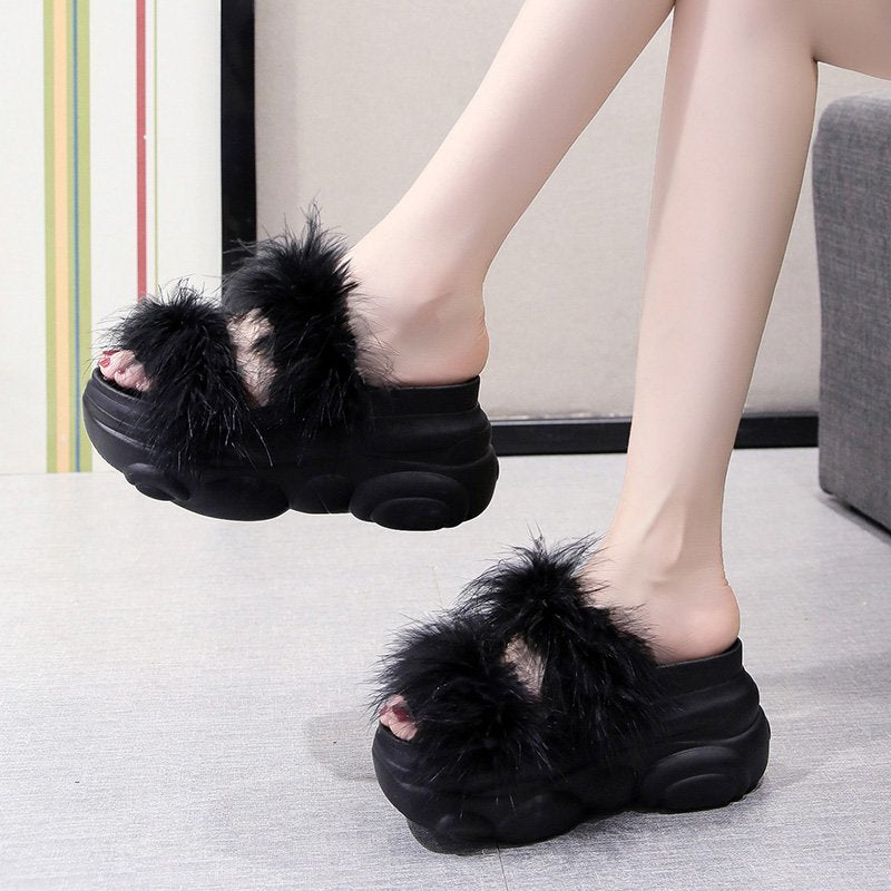 Platform Fluffy Shoes Cake Bottom Super High Heel Slippers Women ...